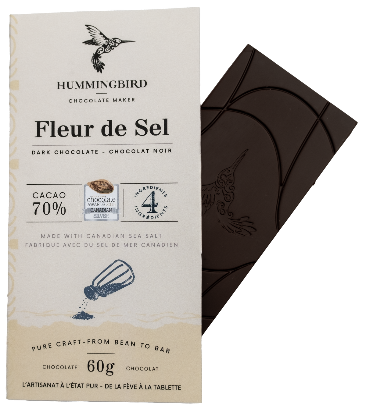 Hummingbird Chocolate Maker Fleur de Sel 70% Dark Chocolate Bar.